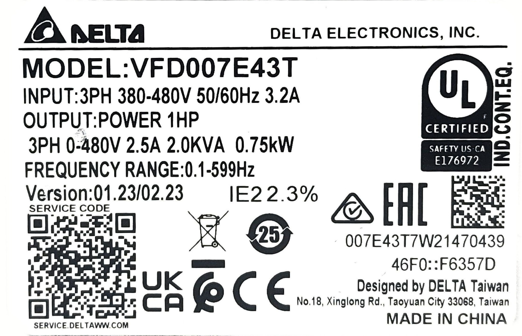 Delta Inverter VFD-E Series. Model : VFD007E43T - Intech Delta System