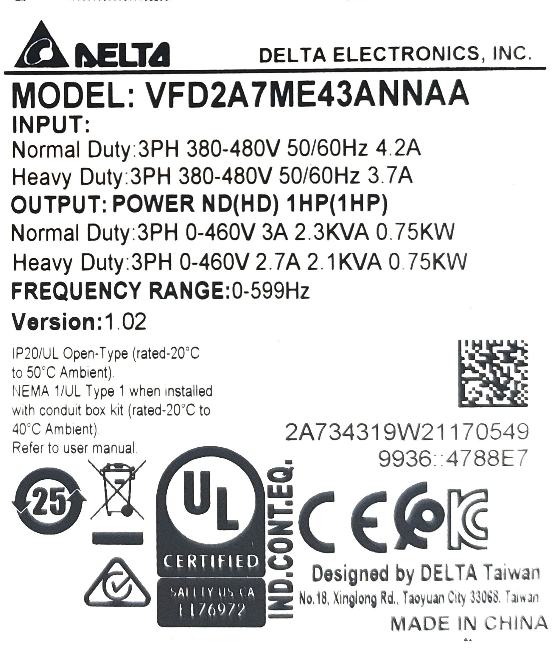 Delta ME300 Series Model : VFD2A7ME43ANNAA - Intech Delta System