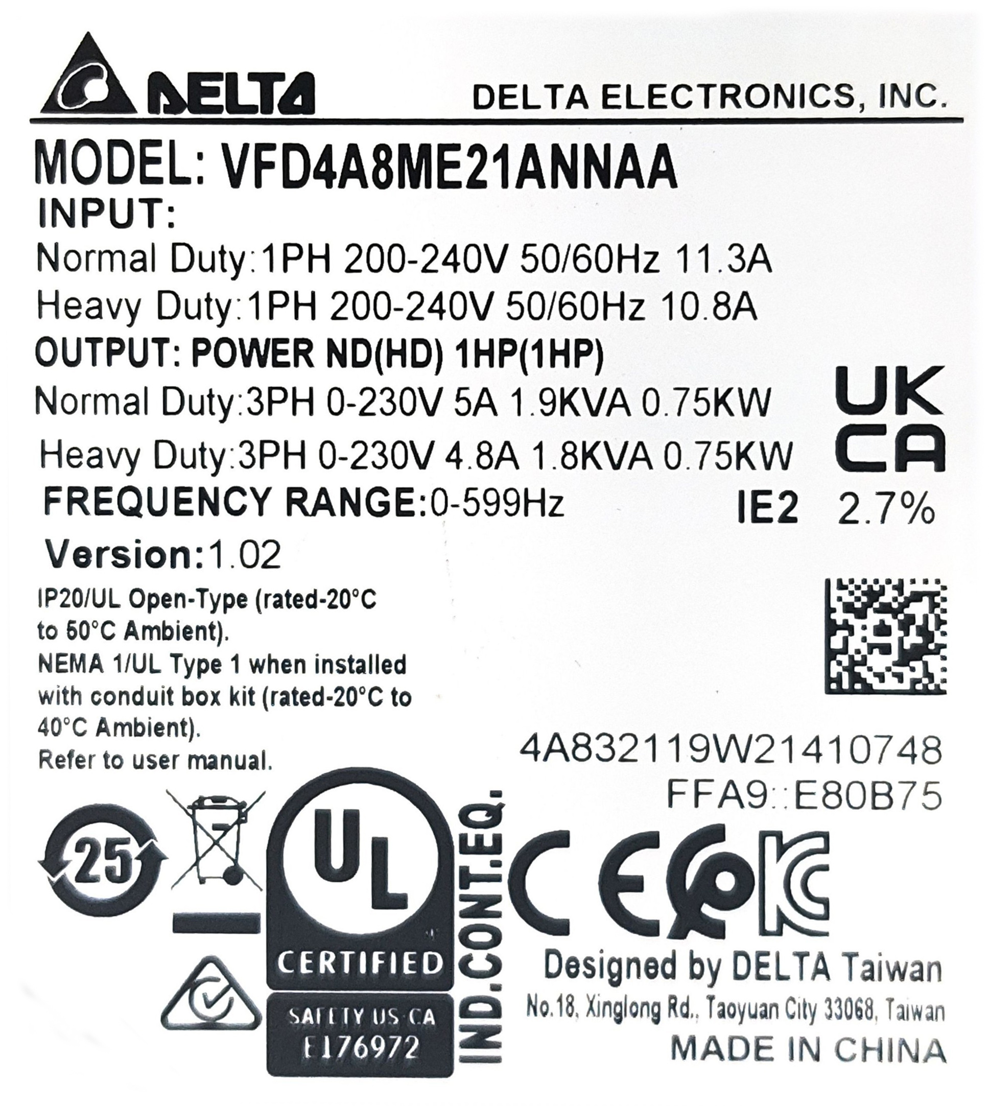 Delta ME300 Series Model : VFD4A8ME21ANNAA - Intech Delta System