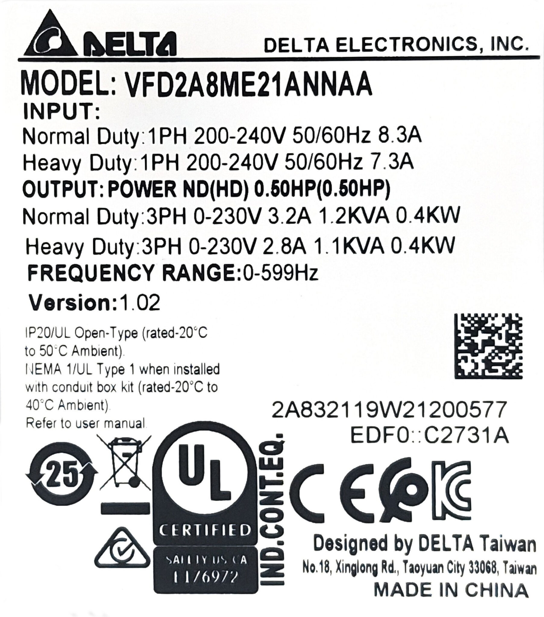 Delta ME300 Series Model : VFD2A8ME21ANNAA - Intech Delta System